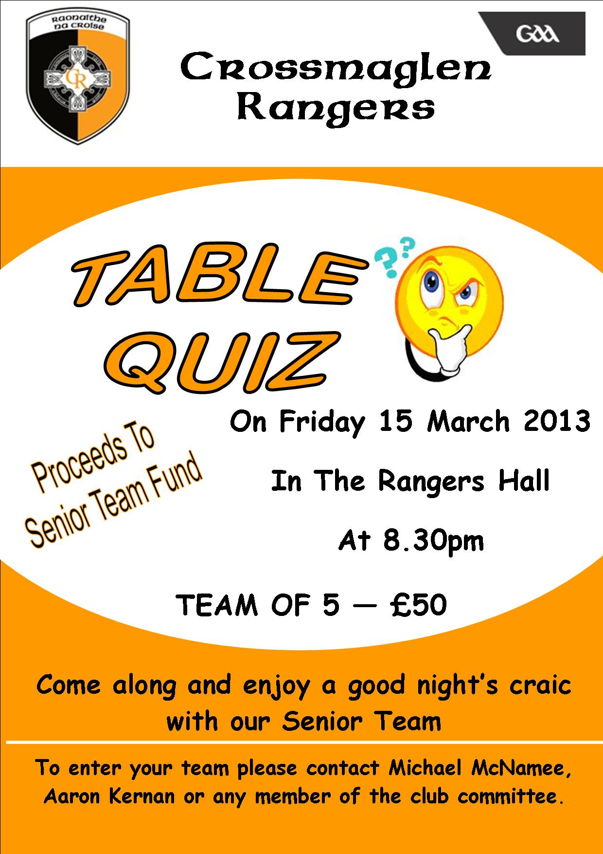 Crossmaglen Rangers GAC » Senior Team Table Quiz
