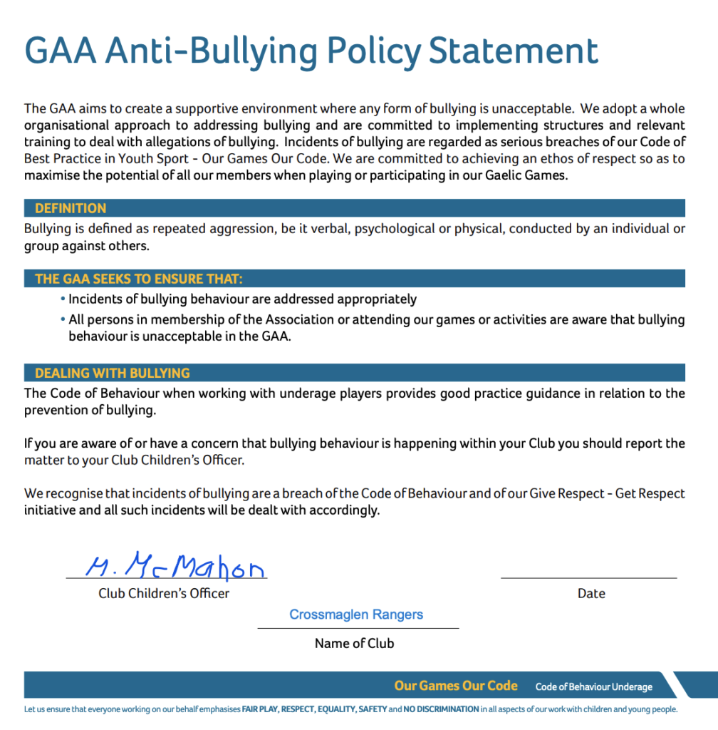 Crossmaglen Rangers GAC » Anti-Bullying Policies